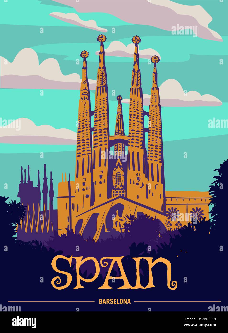 Travel Poster Spain, Barcelona Vintage. Sagrada Familia Gaudi Basilica ...