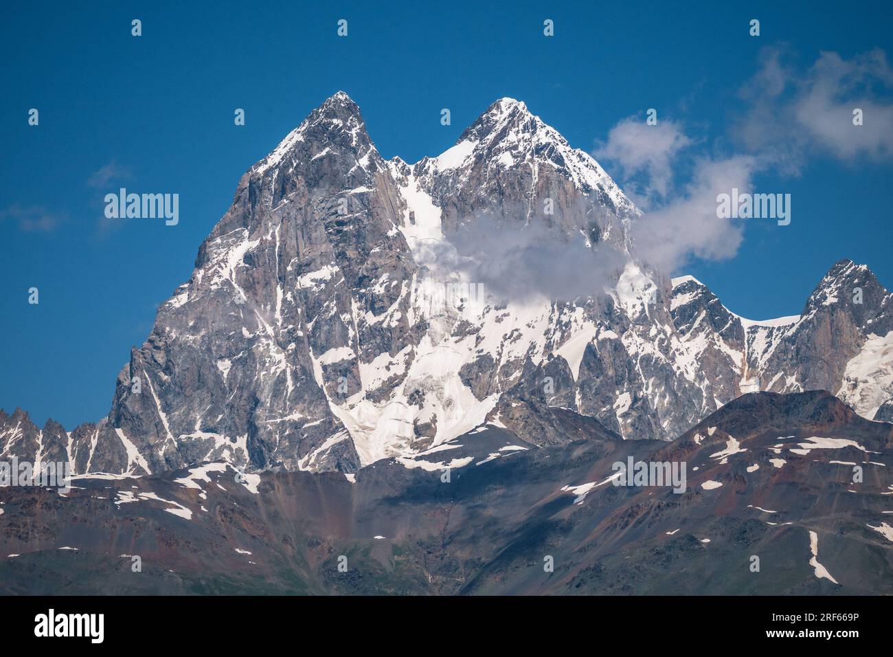 Ushba mountain one of most notable peaks of Caucasus Mountains. Located ...