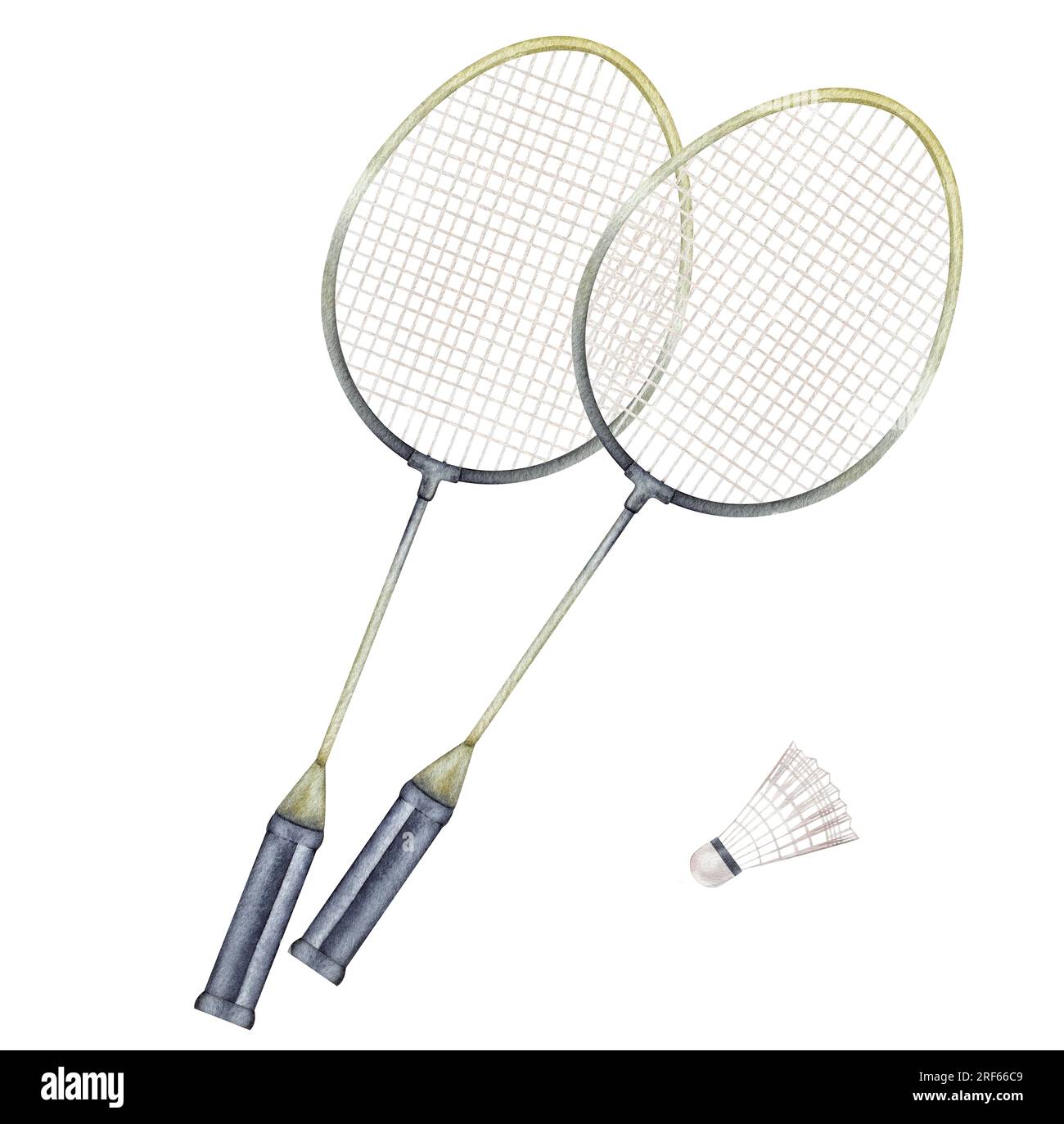 Badminton racket and shuttlecock watercolor illustration. Hand drawn ...