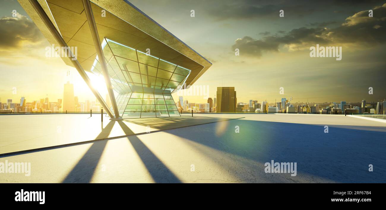 Empty concrete floor with polygon shape design modern building exterior ...