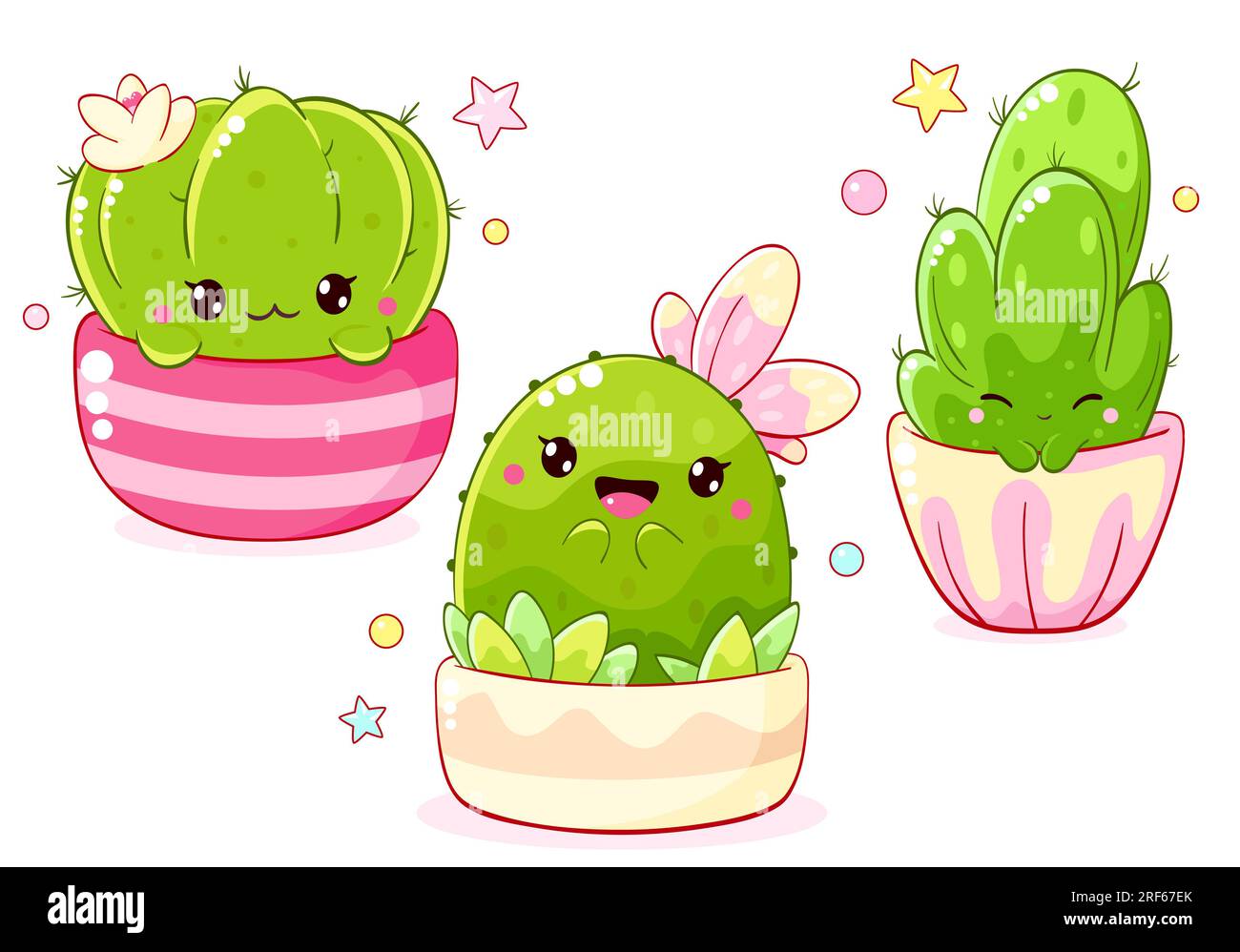 Set of stickers in kawaii style. Collection of cute cartoon cactus in flowerpot. Vector ...