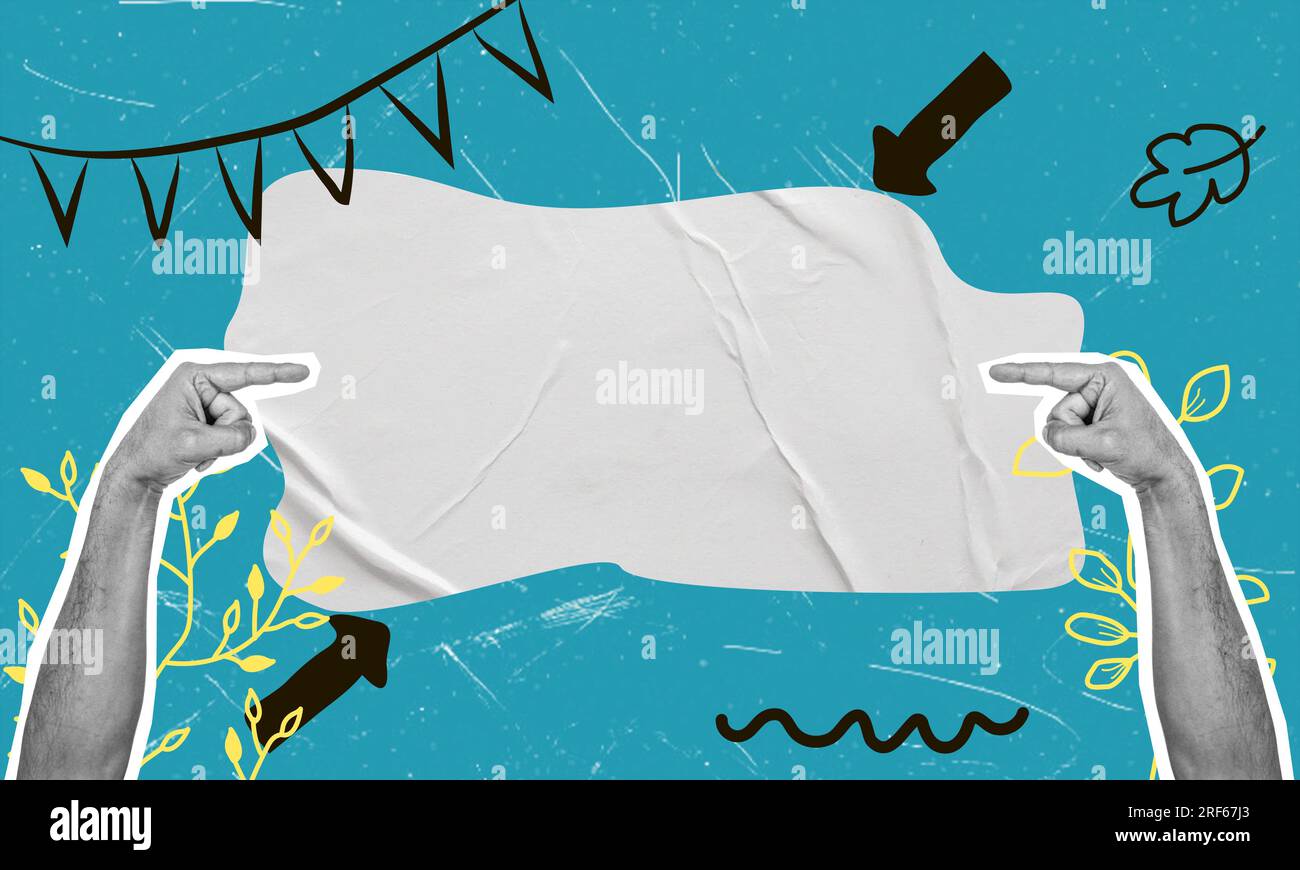 Art collage, fingers pointing to the message bubble for text. Concept ...