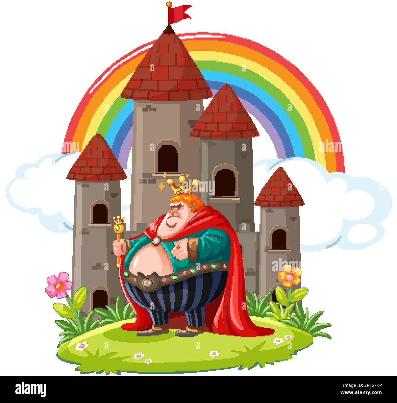 A fat, grumpy king stands in front of a castle in a vector cartoon ...