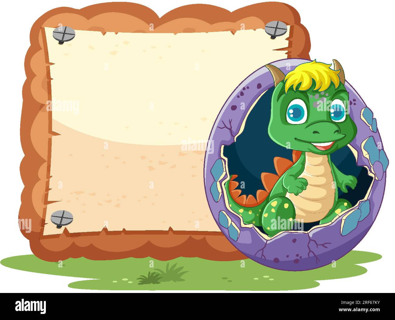 A cartoon illustration of a baby dragon hatching eggs in a natural ...