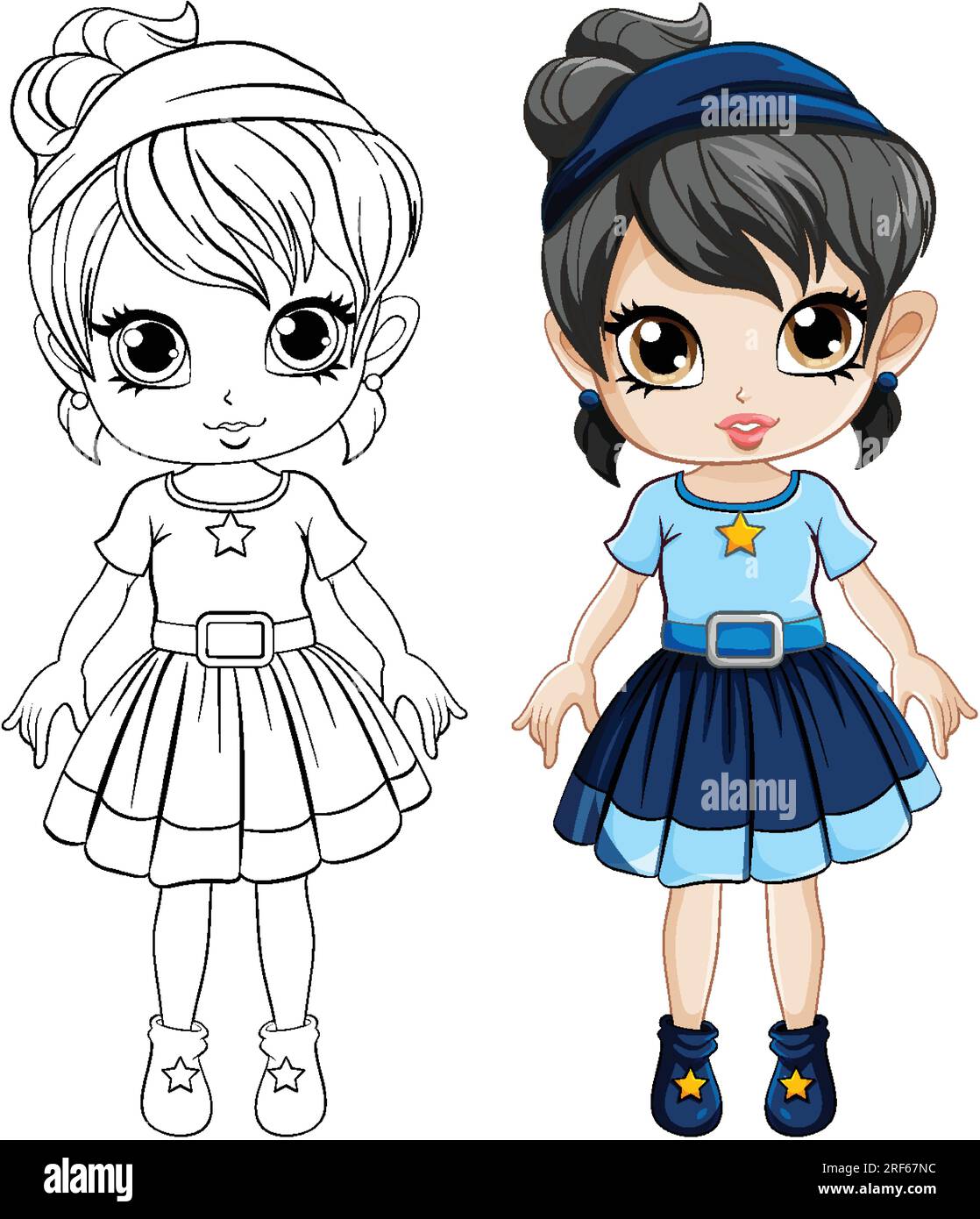 Cute girl cartoonl and its doodle coloring character illustration Stock ...