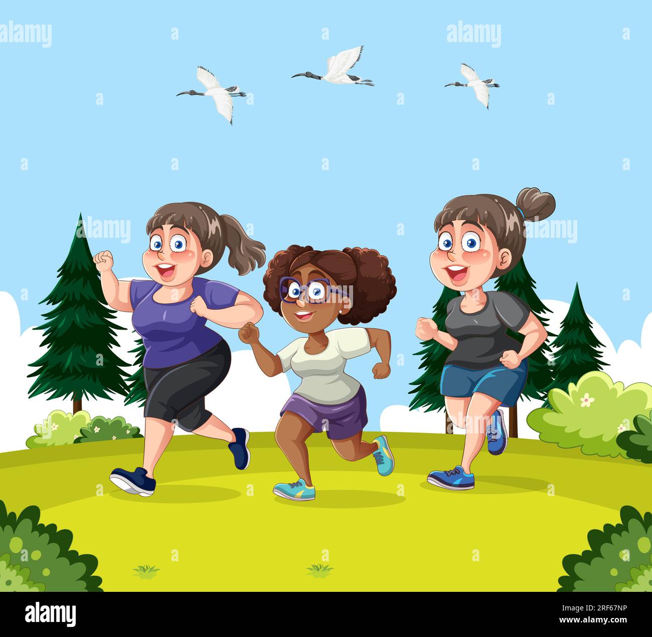 A vector cartoon illustration of a group of diverse women jogging in ...