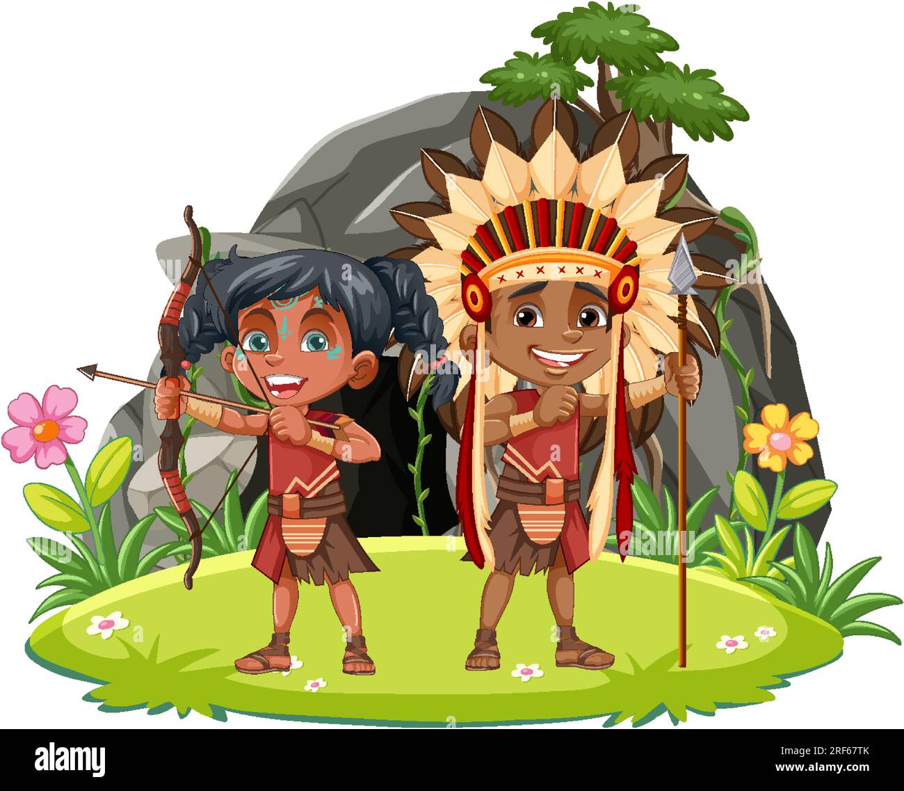 An illustration of an indigenous group hunting with arrows in a forest ...