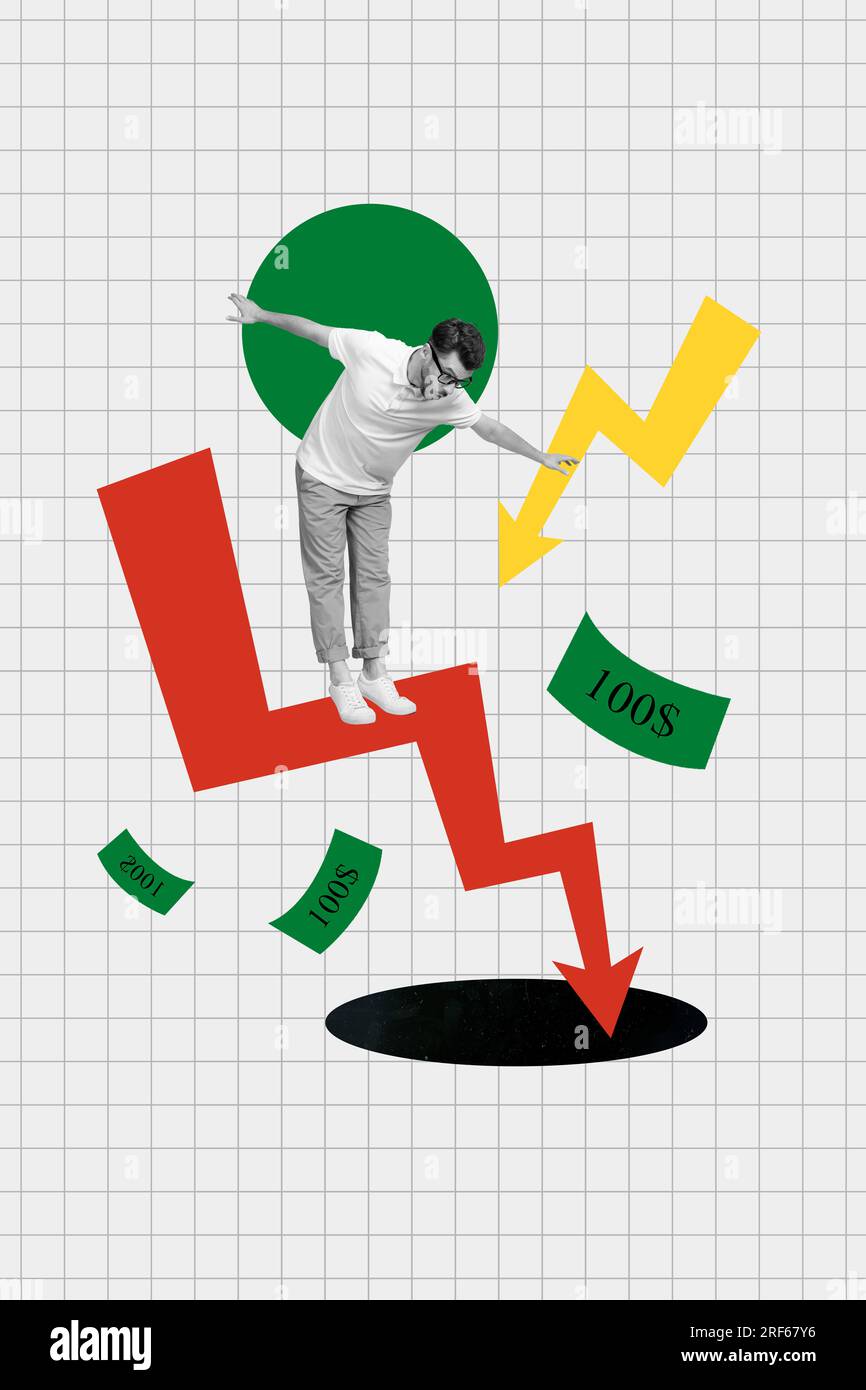 Vertical creative collage image of young man guy falling down arrow ...