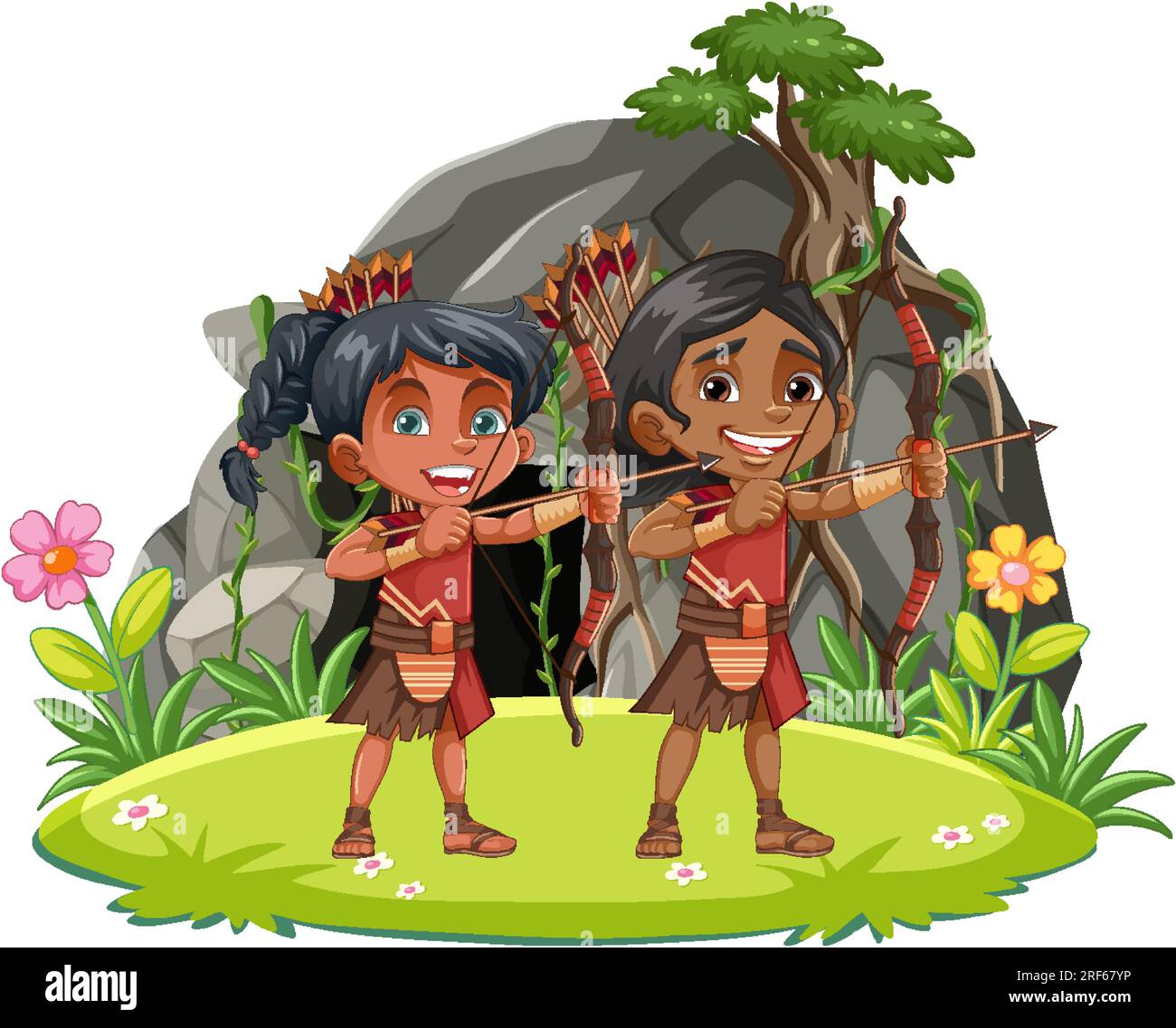 An illustration of an indigenous group hunting with arrows in a forest ...