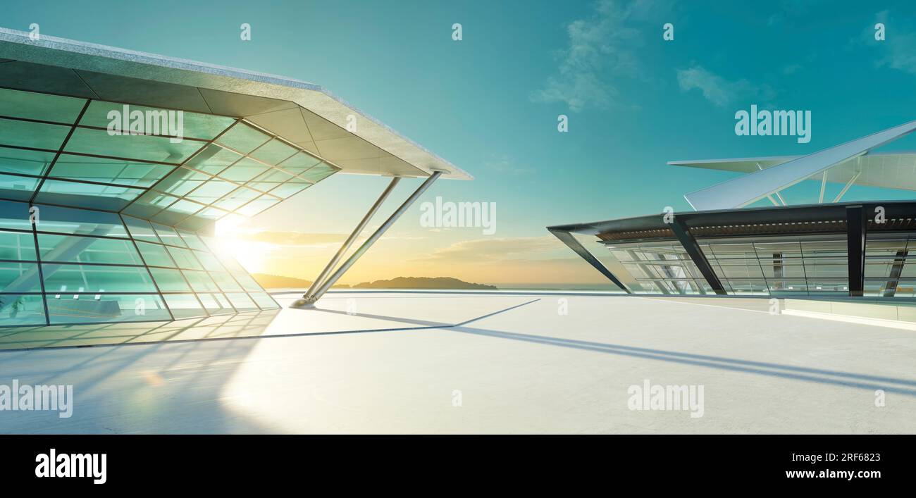 Empty concrete floor with polygon shape design modern building exterior ...