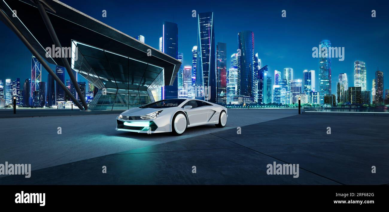 Empty cement floor with modern building exterior and brandless electric ...