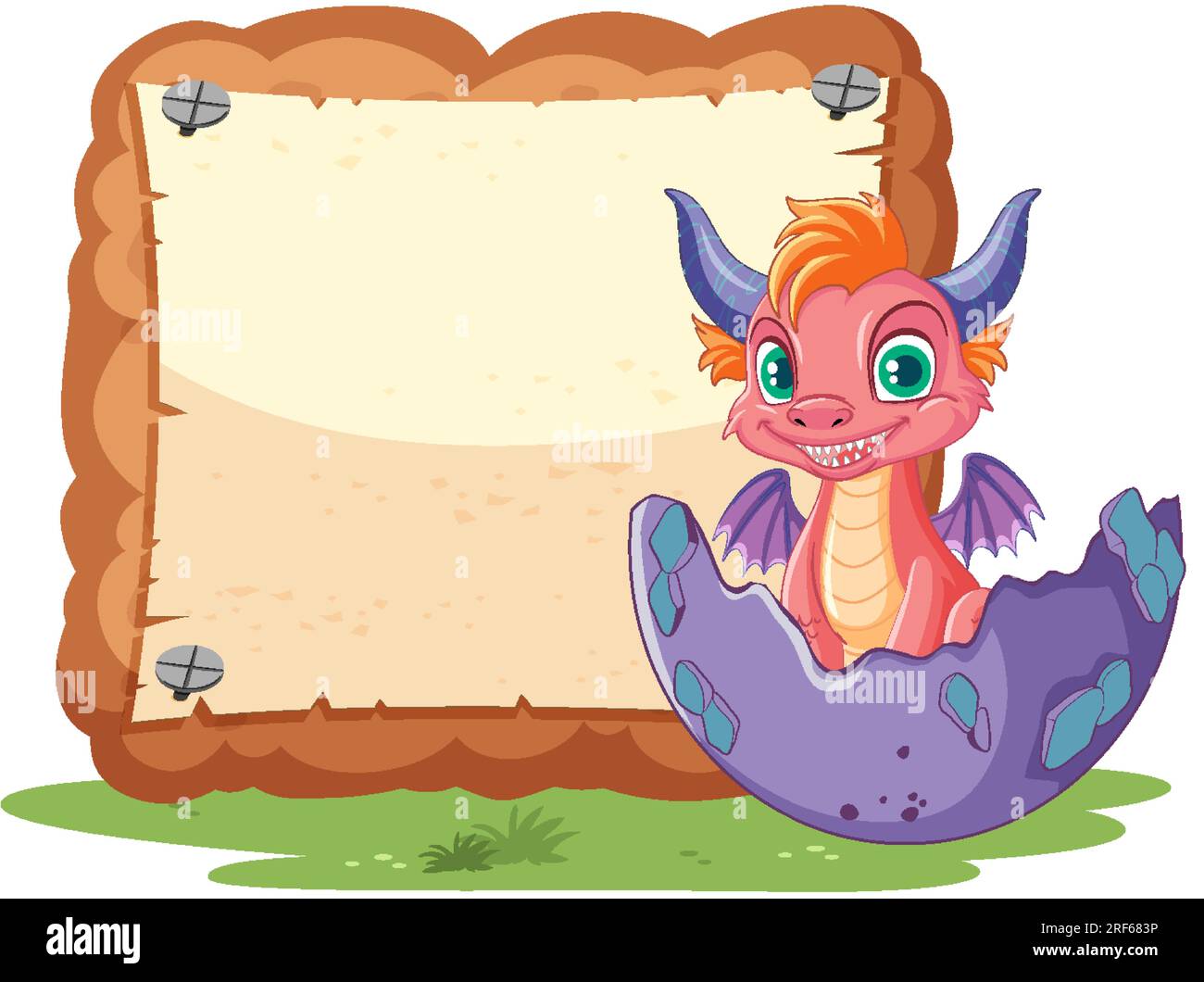 A cartoon vector illustration of a baby dragon hatching eggs in a ...