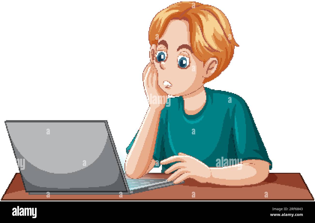 Bored Teenage Boy Working on Laptop illustration Stock Vector Image ...