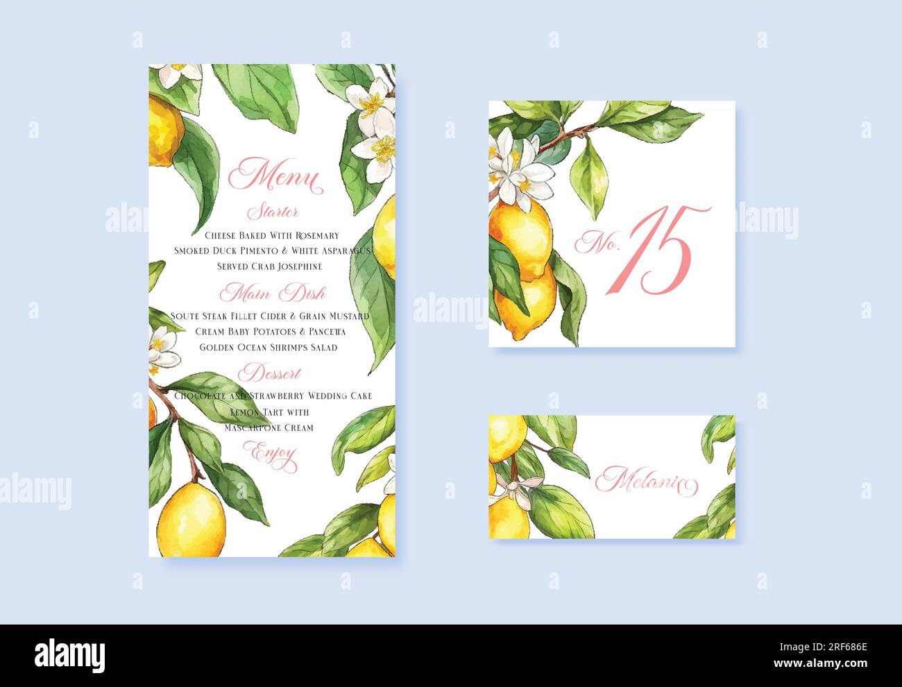 Watercolor wedding menu, table and escort cards with sunny lemons ...