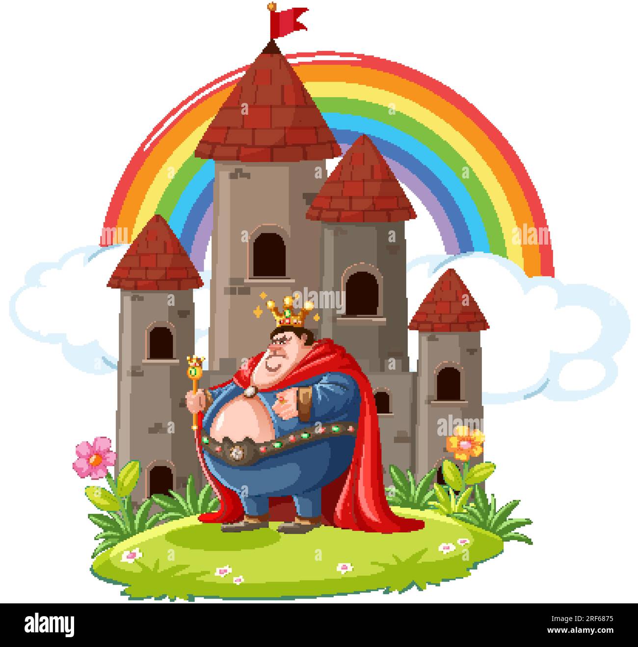 A fat, grumpy king cartoon stands in front of a castle Stock Vector ...