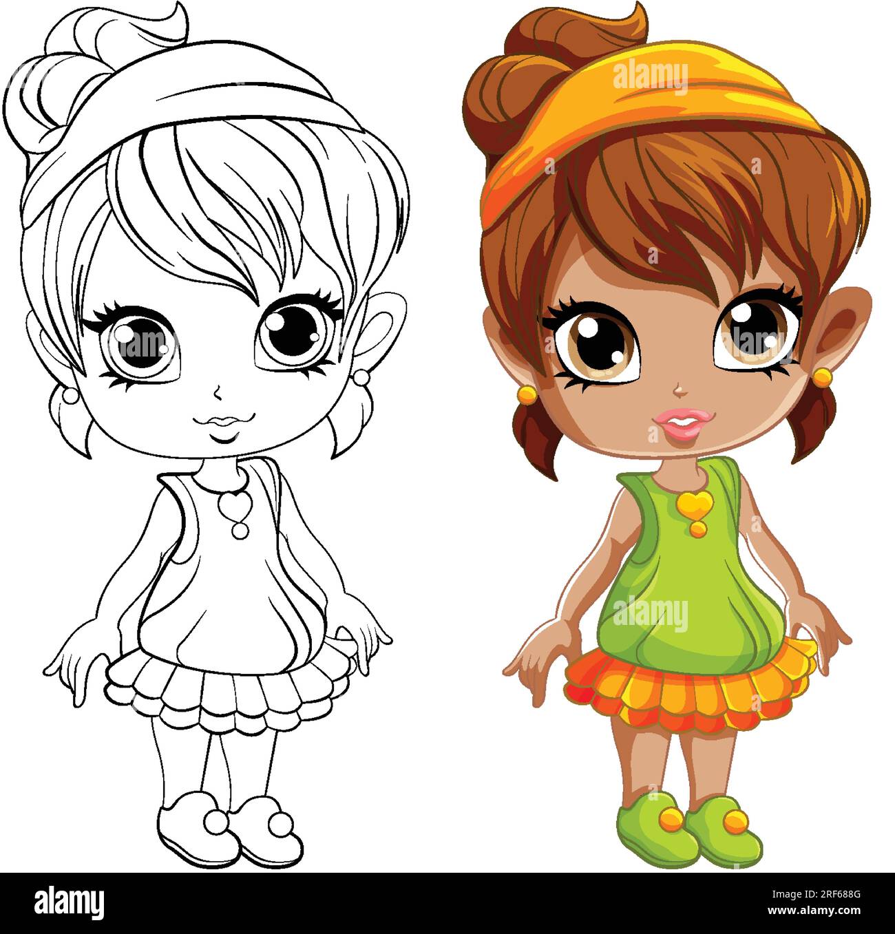 Cute girl cartoonl and its doodle coloring character illustration Stock ...
