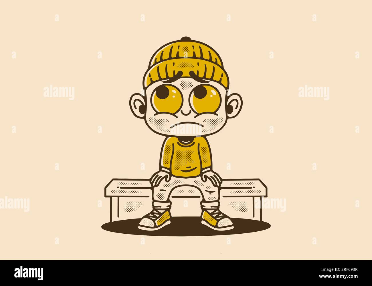 little man character wearing beanie with sad face, drawing in vintage ...