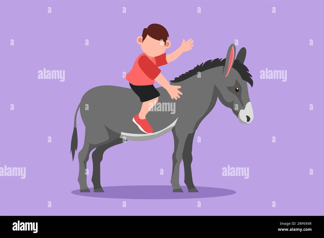 Graphic flat design drawing happy little boy riding donkey at outdoor ...