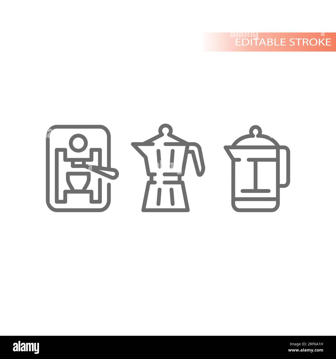 Coffee maker, french press line vector icons. Espresso machine and moka pot outline icon set ...