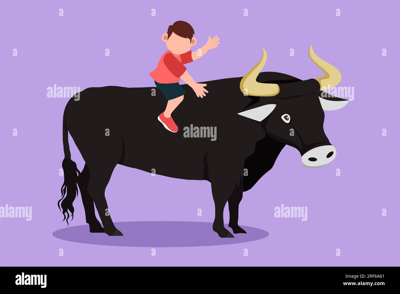 Graphic flat design drawing bravery little boy riding bull at village ...