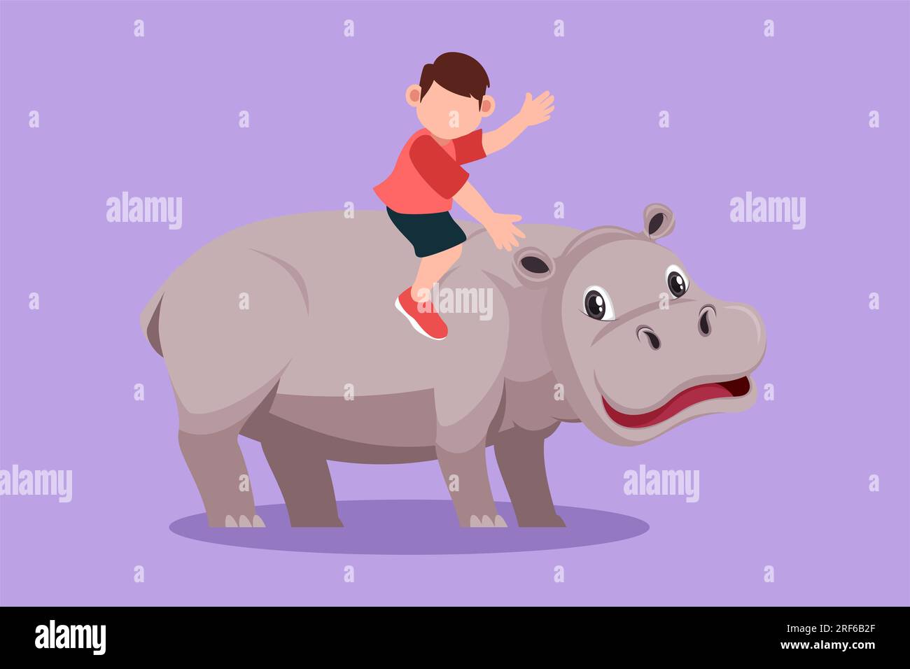 Character flat drawing happy little boy riding hippo at amusement park ...