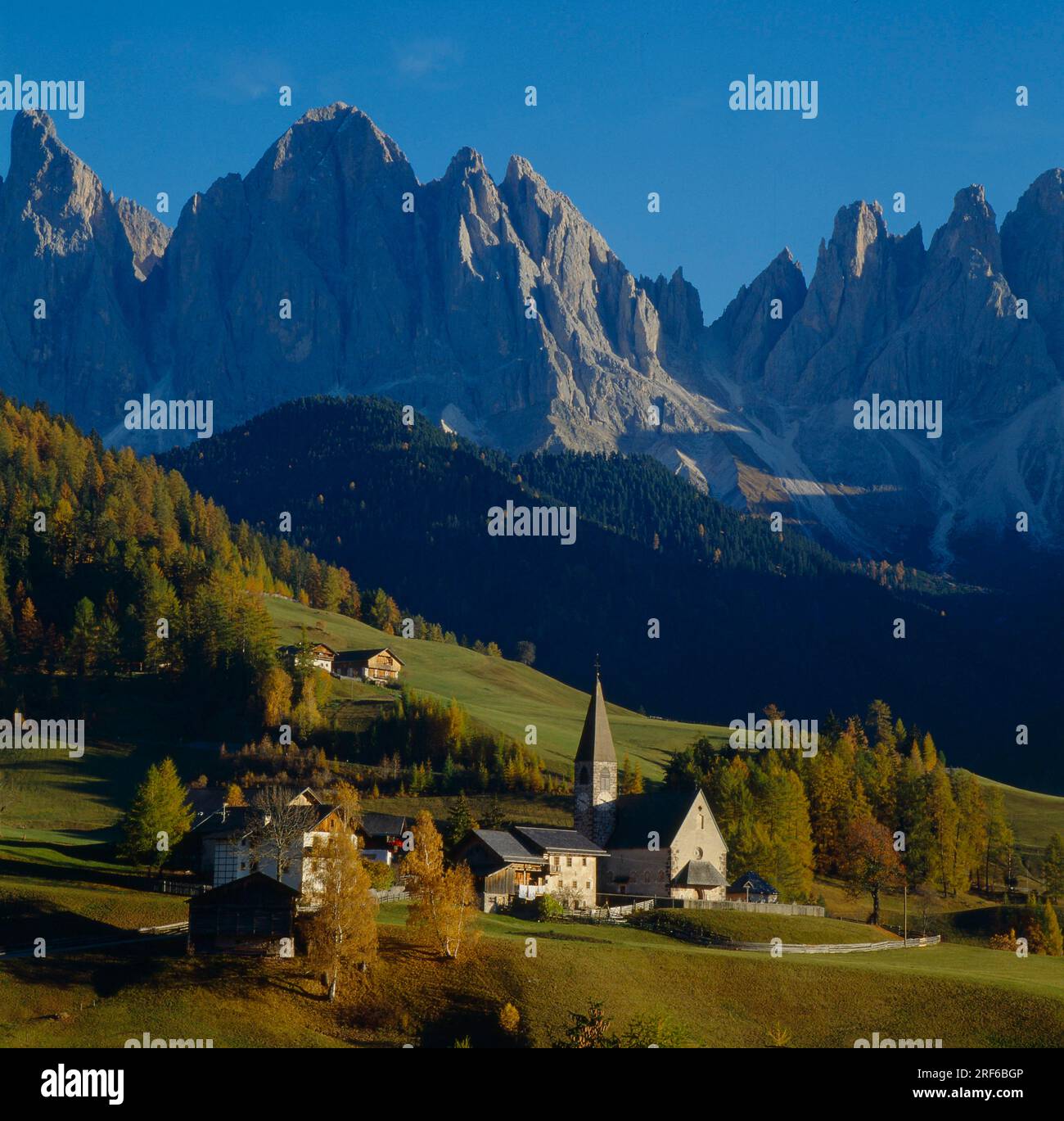 Autumn view of the little church of Magdalena in the Villnoess Valley ...