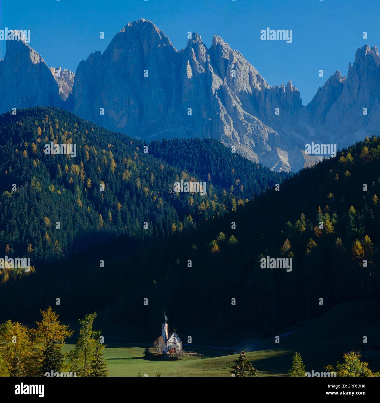 View in autumn of the little church of St. Johann in the Villnoess ...
