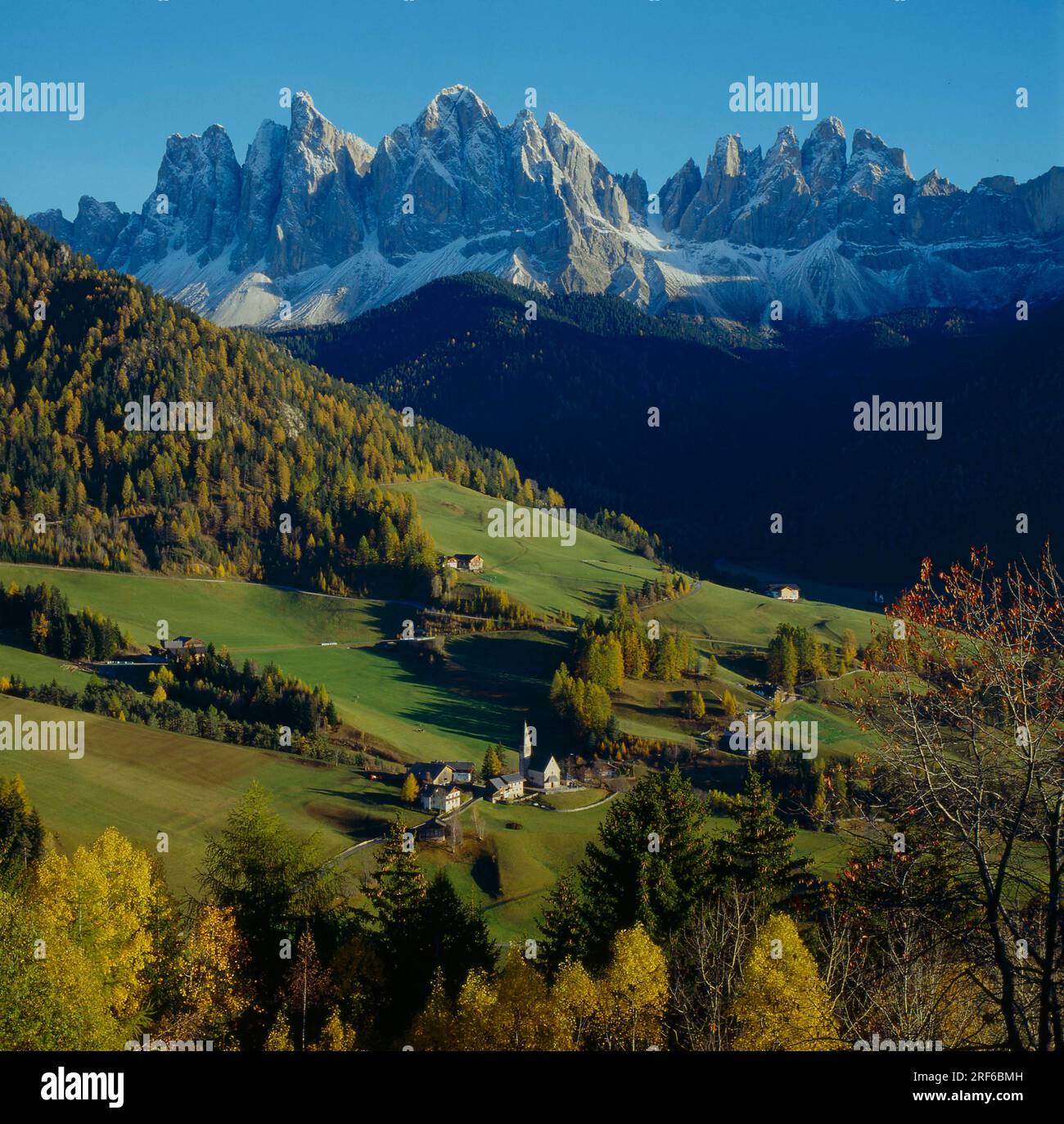 Autumn view of the little church in St. Magdalena in the Villnoess ...