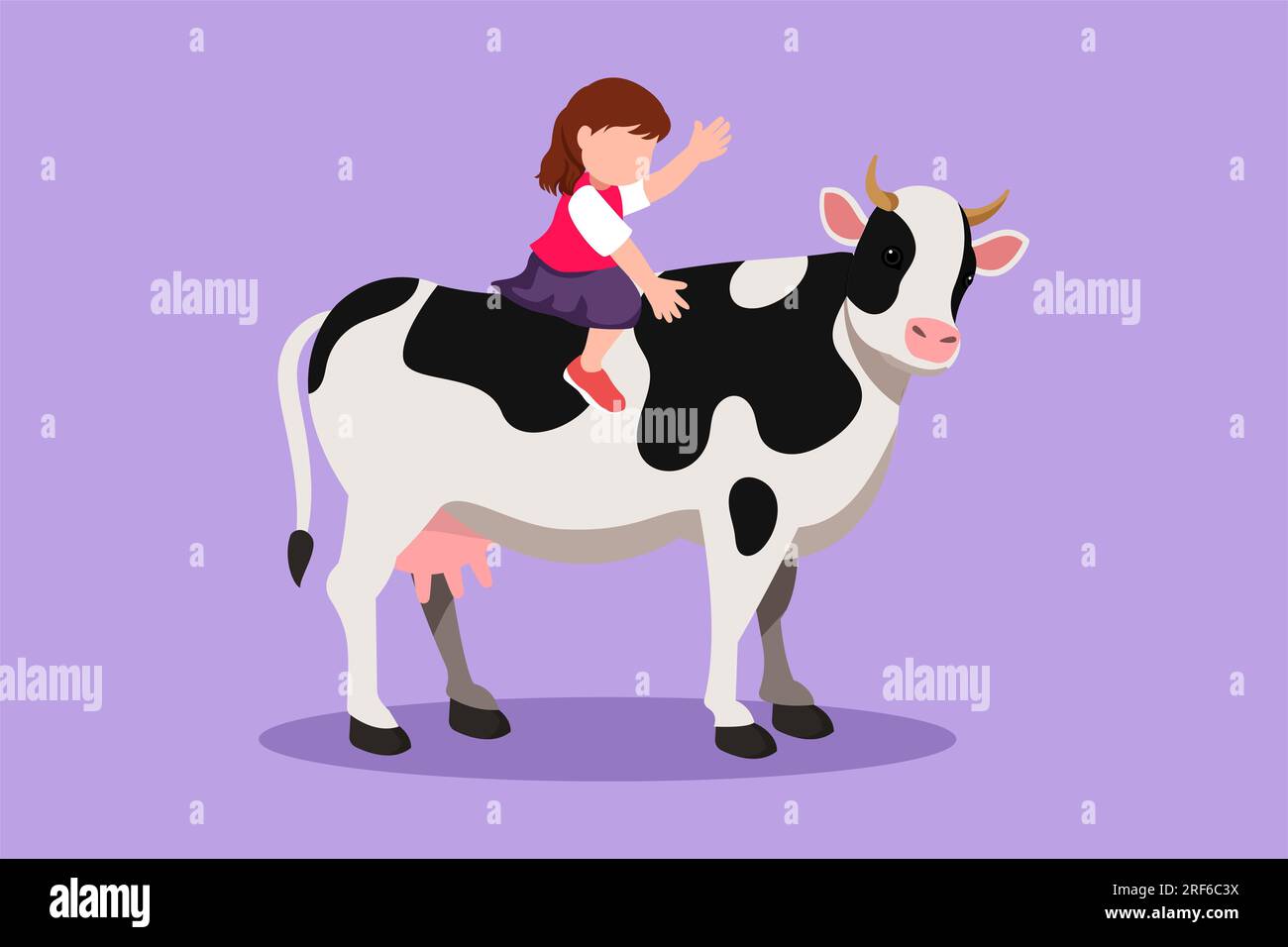 Cartoon flat style drawing pretty little girl riding cow at rural ...