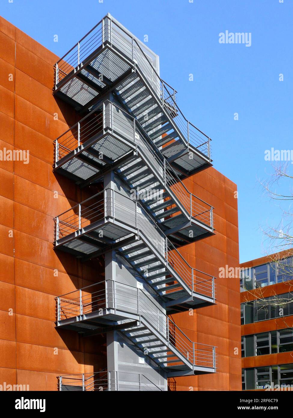 Modern office building, fire stairs on office building, factory ...