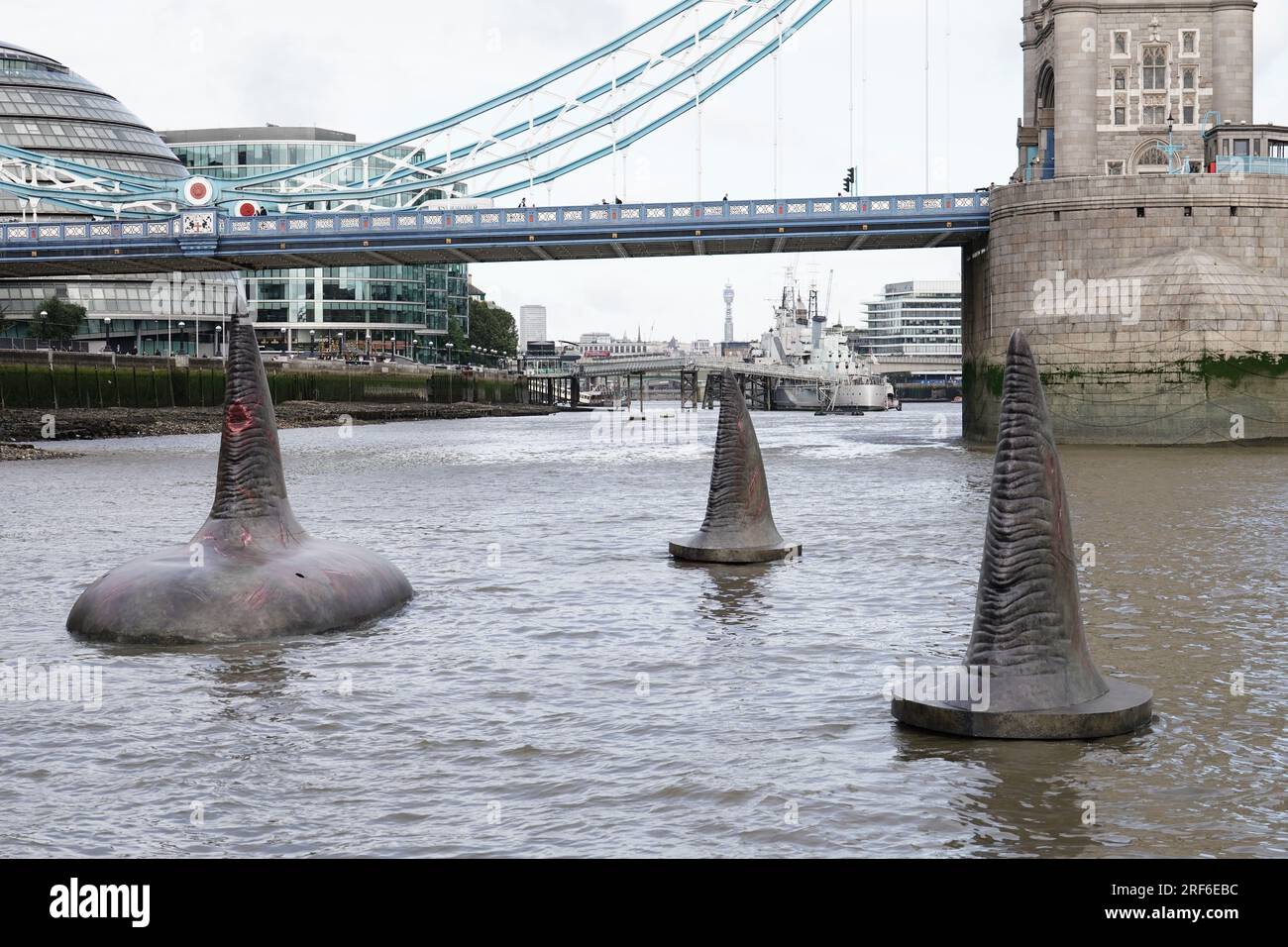 Floating models of megalodon shark fins by Tower Bridge during a ...