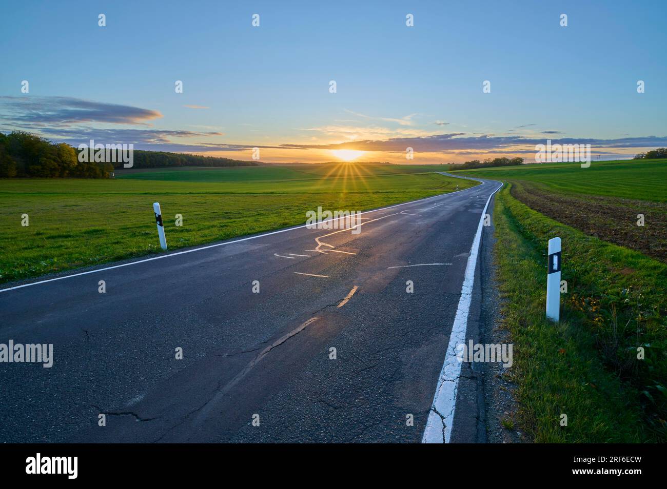 Country road, field landscape, grain field, sky, clouds, sunset ...