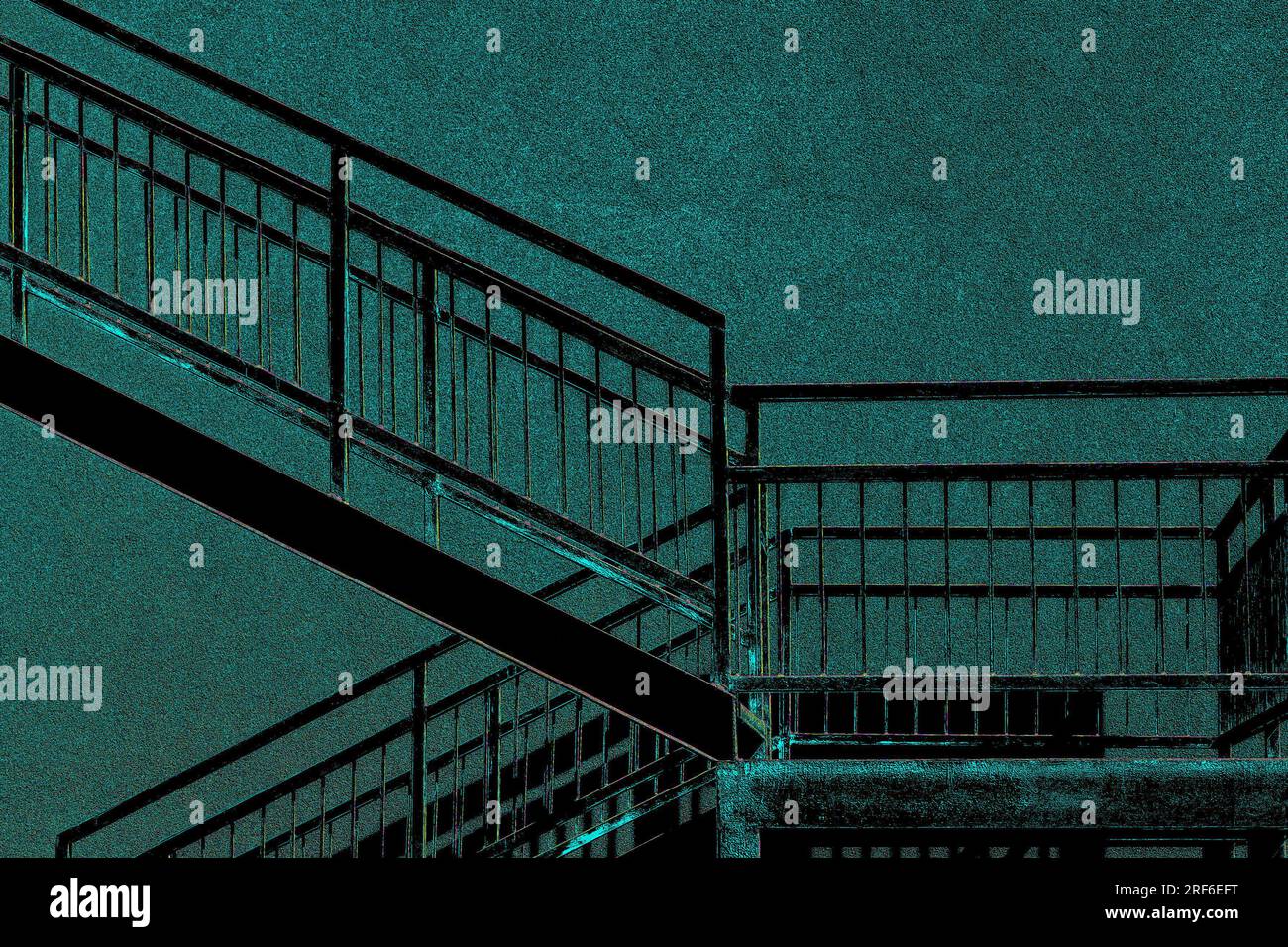 Metallic staircase landing and wall in dark emerald green night ...