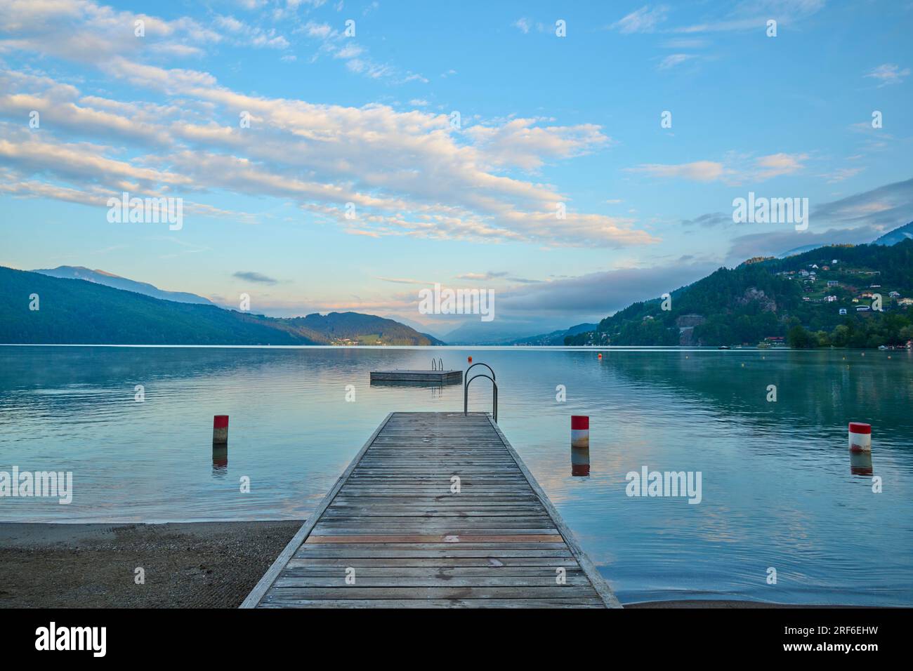 Lake, wooden jetty, bathing raft, sky, clouds, twilight, sunrise ...