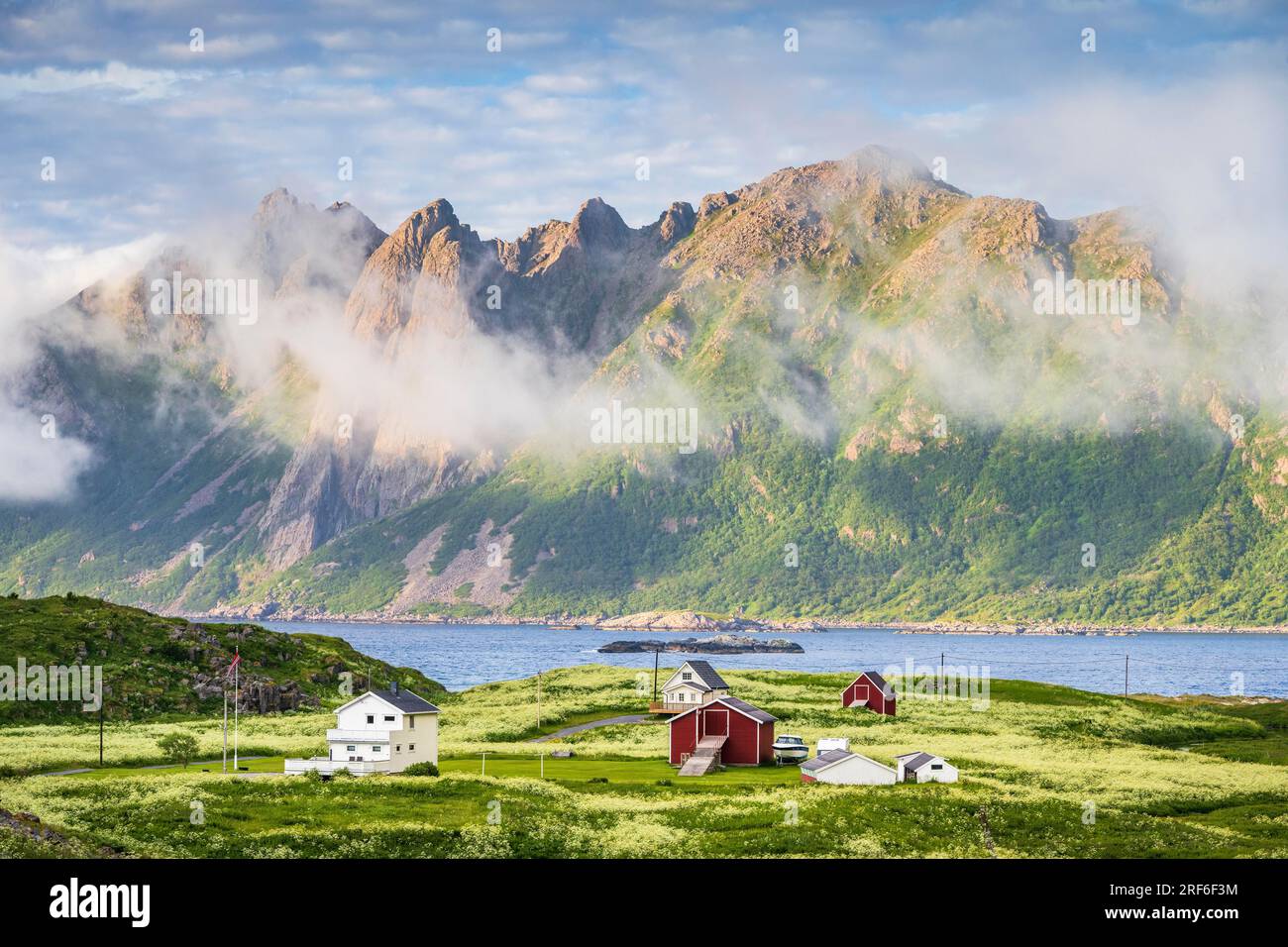 Houses by the fjord, fishing village Hovden, Langoya island, Vesteralen ...