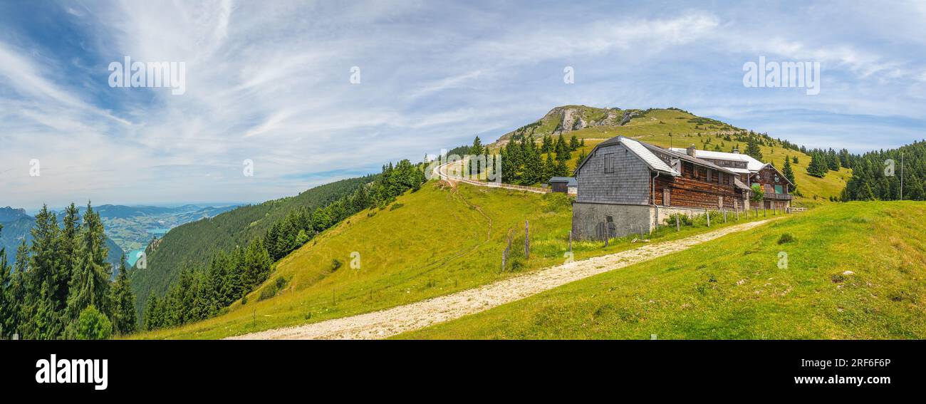 landscape with restaurant and train station Schafbergalm below the top ...