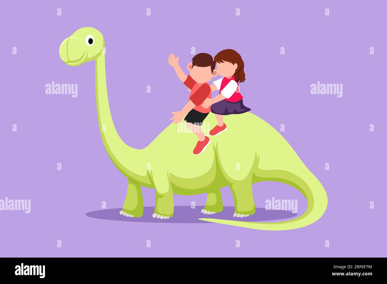 Cartoon flat style drawing little boy and girl caveman riding ...