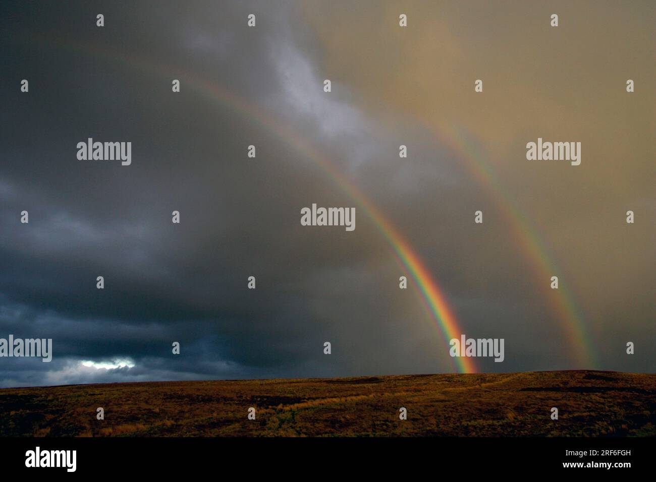 Rainbow over moor, County Northumberland, England, United Kingdom Stock ...