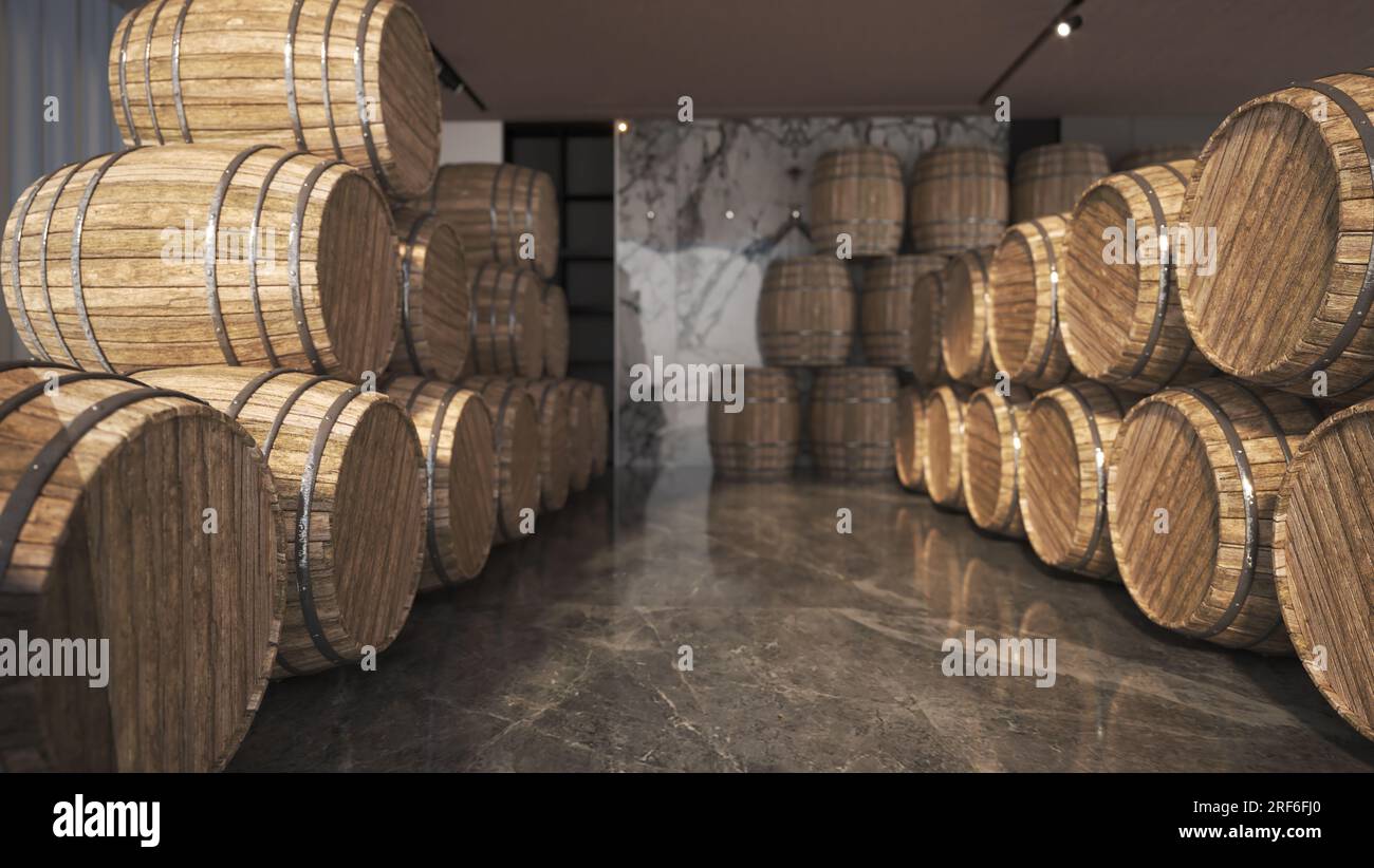 Groups of old oak barrels inside wine cellar. 3D illustration Stock ...
