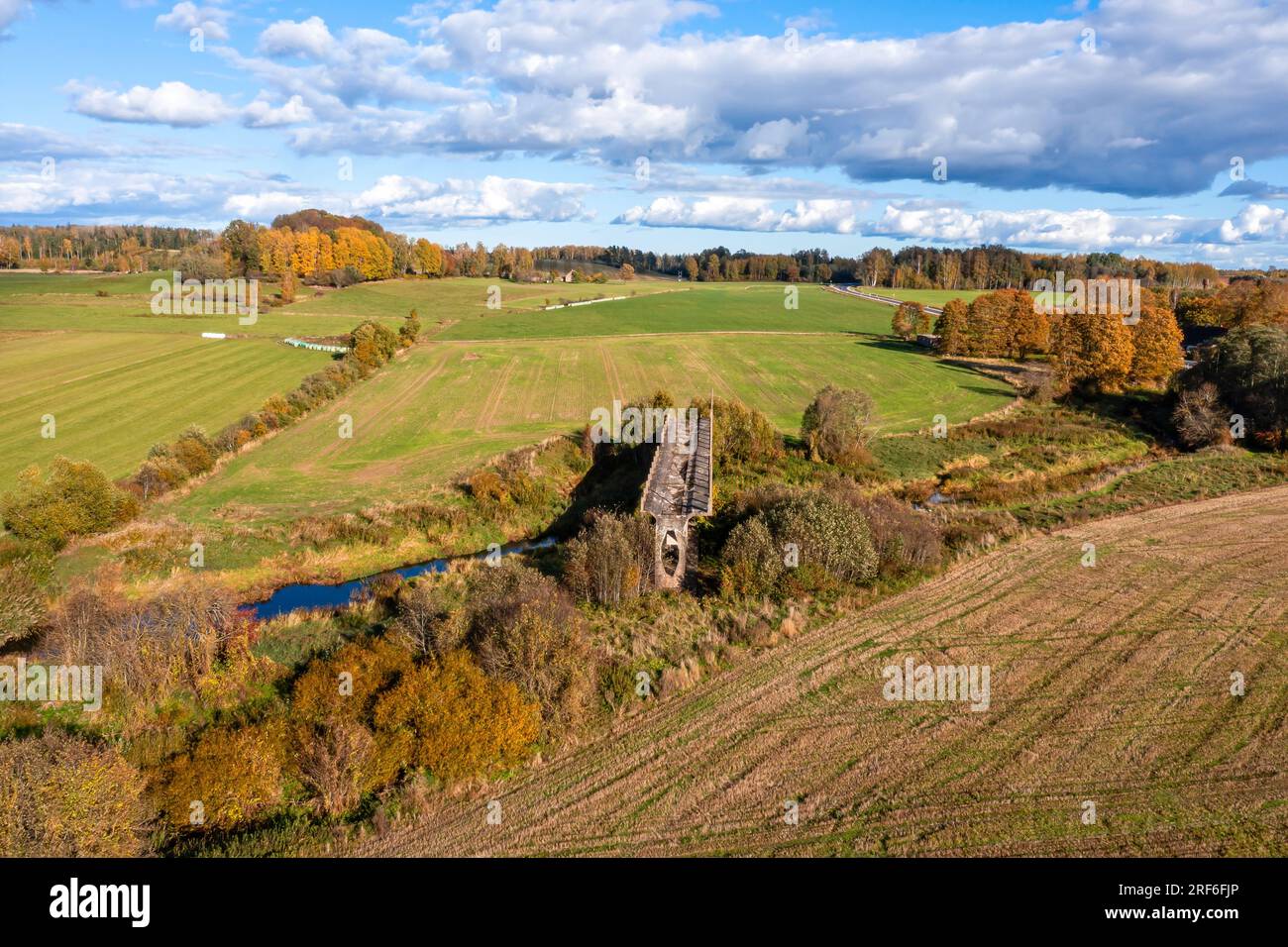 Aerial view of bridge to nowhere. Unfinished and abandoned railway ...