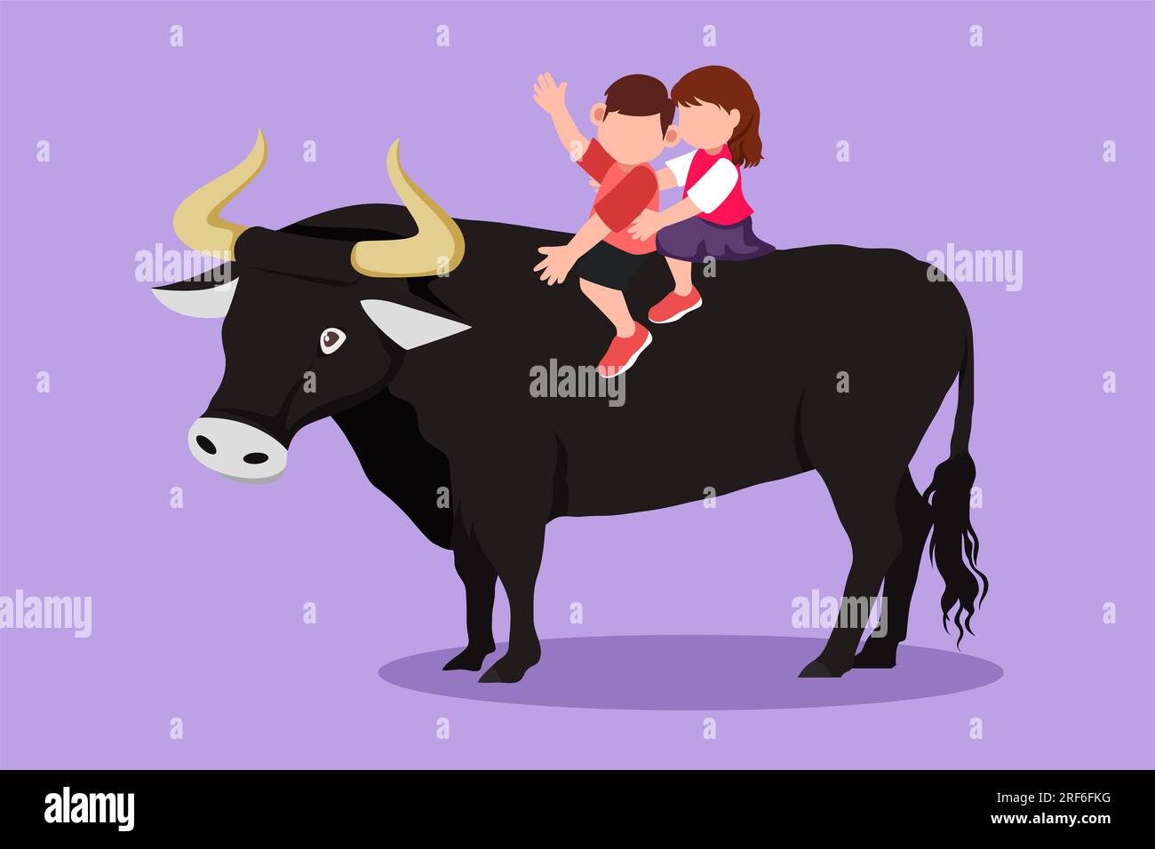 Cartoon flat style drawing bravery little boy and girl riding bull ...
