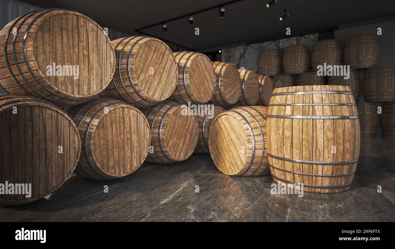 Groups of old oak barrels inside wine cellar. 3D illustration Stock ...