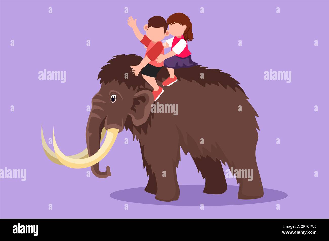 Graphic flat design drawing brave little boy and girl caveman riding ...