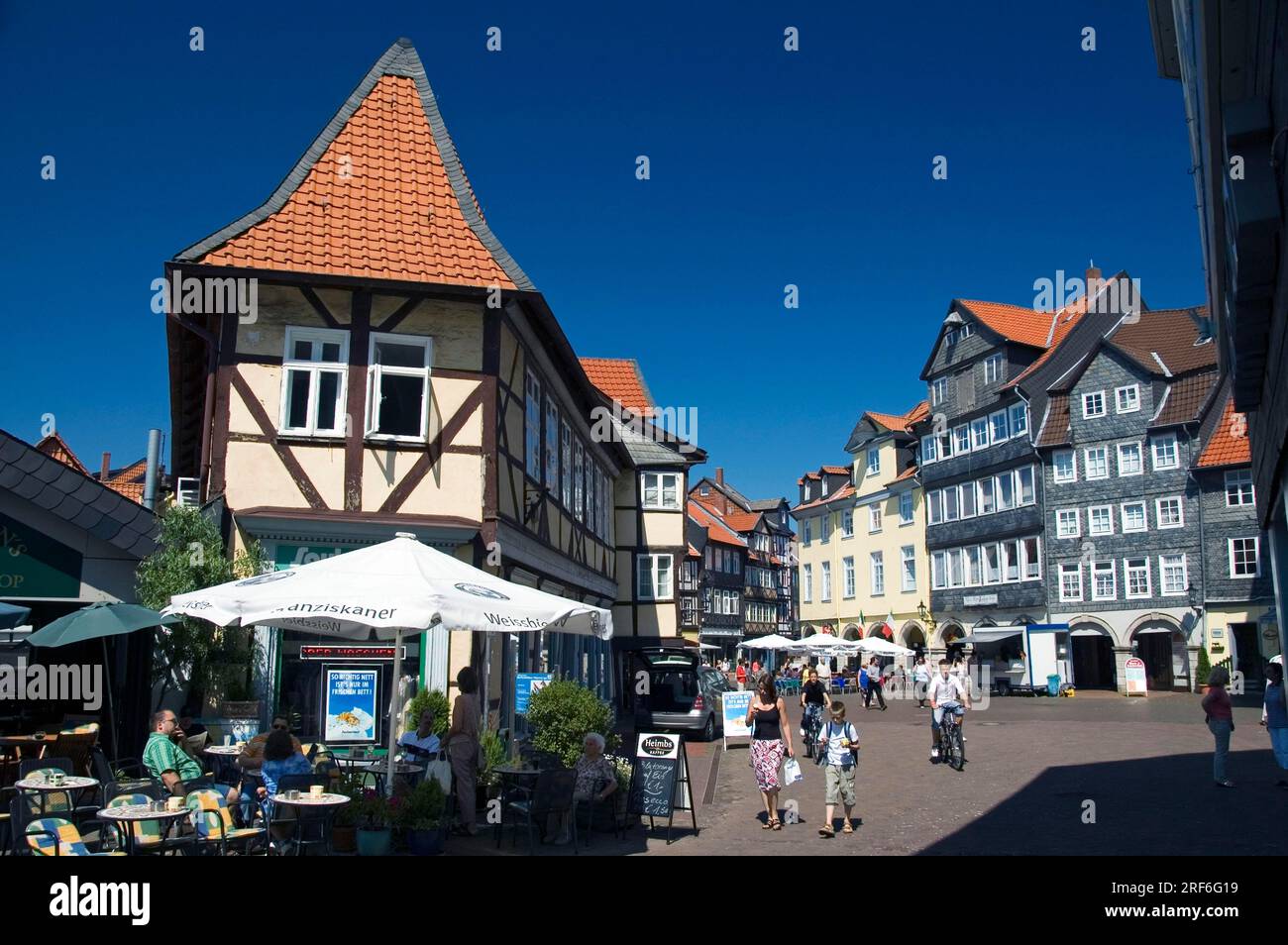 Pedestrian zone and street cafe, corner of Loewenstrasse, Wolfenbuettel ...