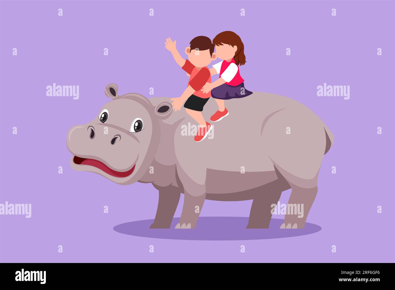 Character flat drawing of happy little boy and girl riding hippo together. Adorable children ...