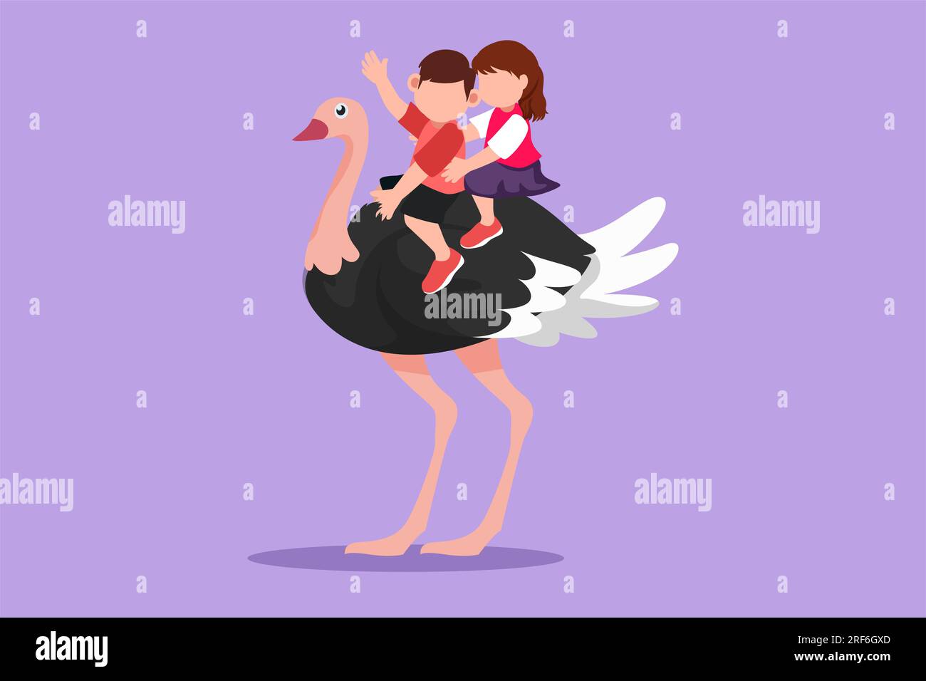 Character flat drawing happy little boy and girl riding cute ostrich ...