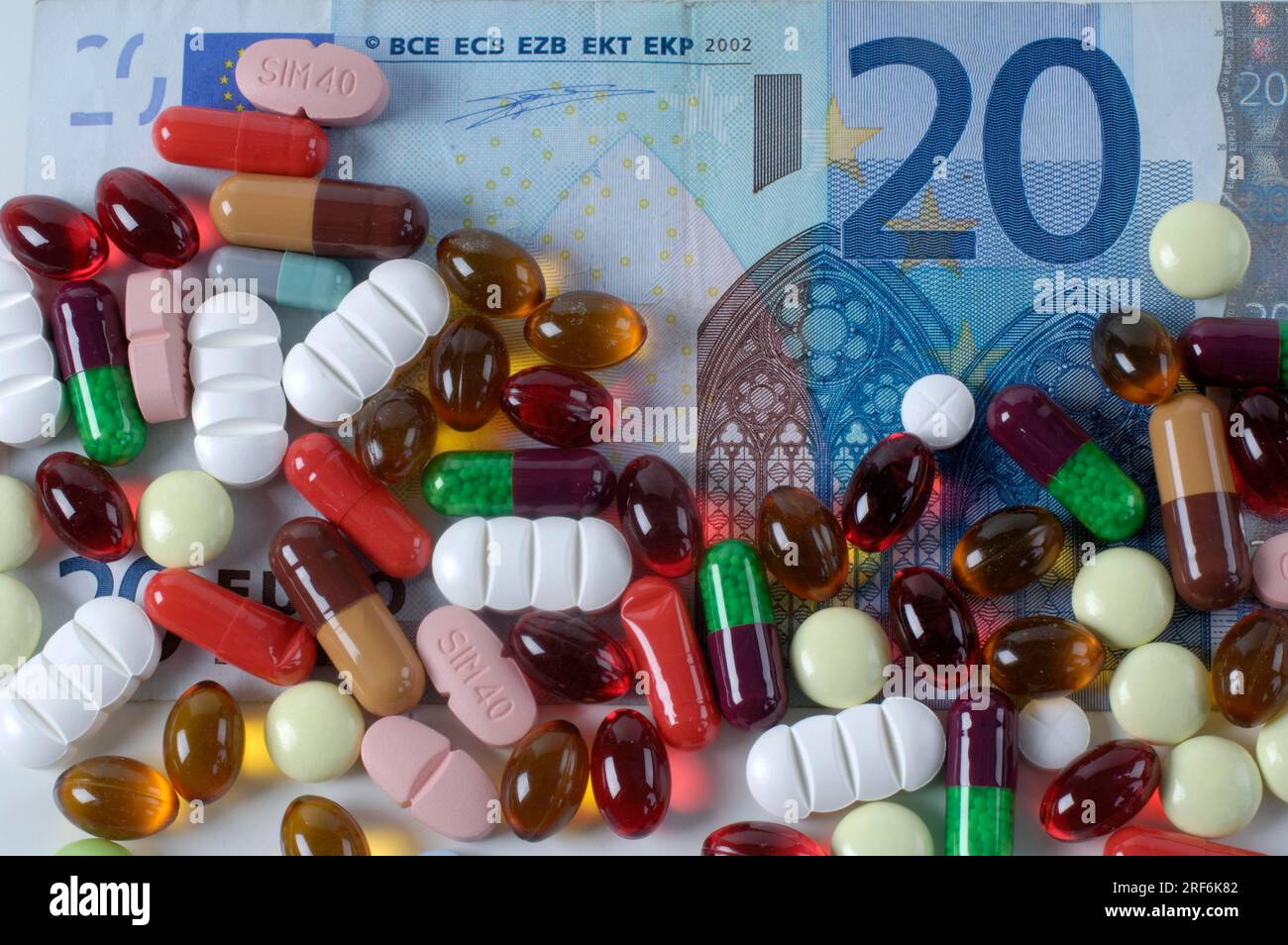 Tablets and 20 euro note, pills, euro note, euro notes, bank notes ...