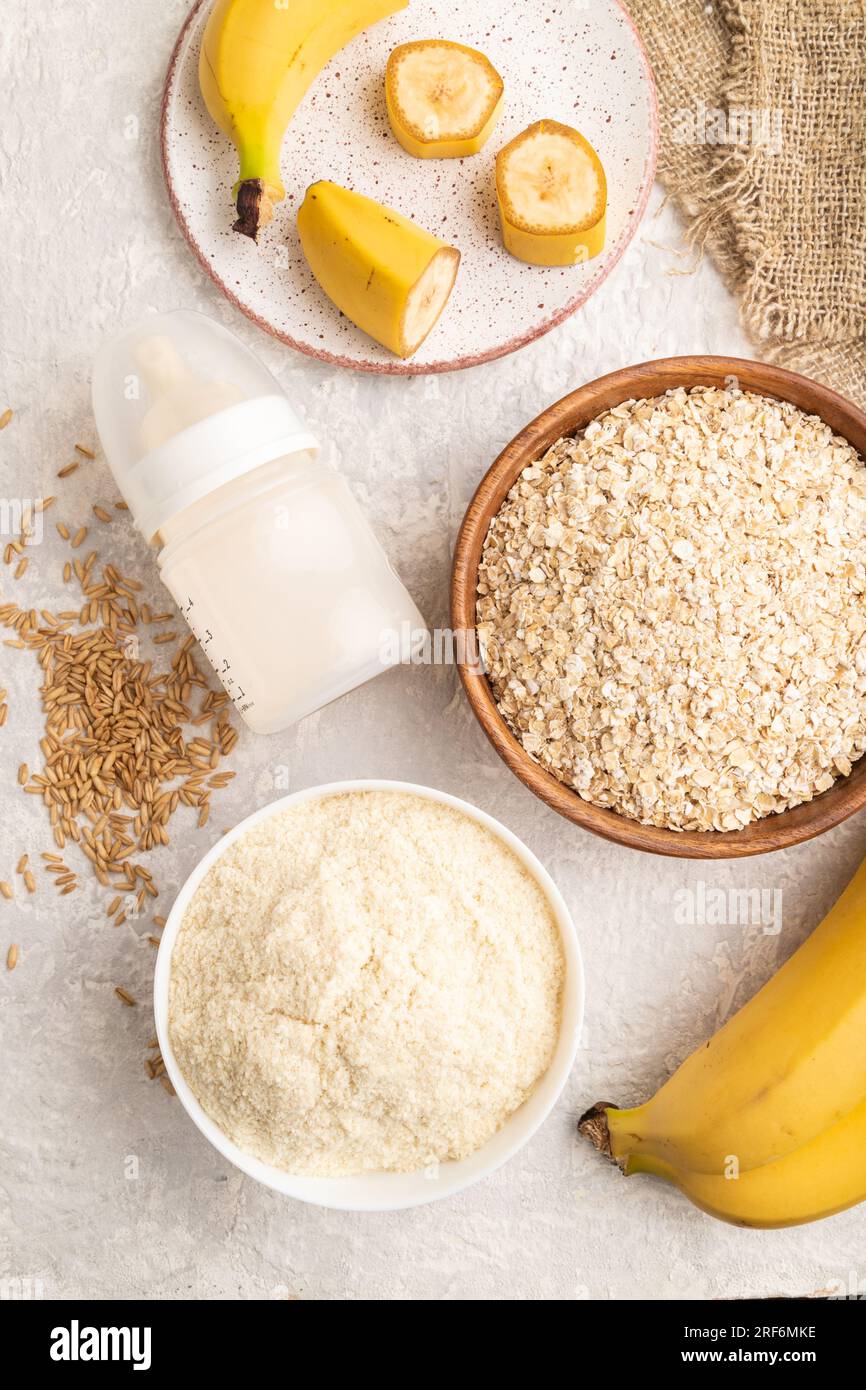 Powdered milk and oatmeal, banana baby food mix, infant formula ...