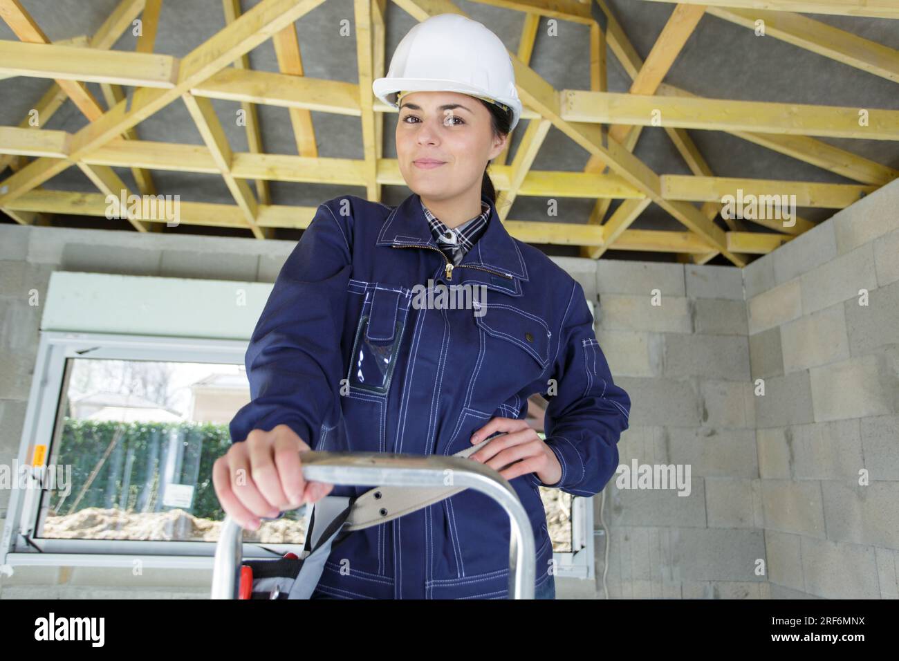 female carpenter on the ladder Stock Photo - Alamy