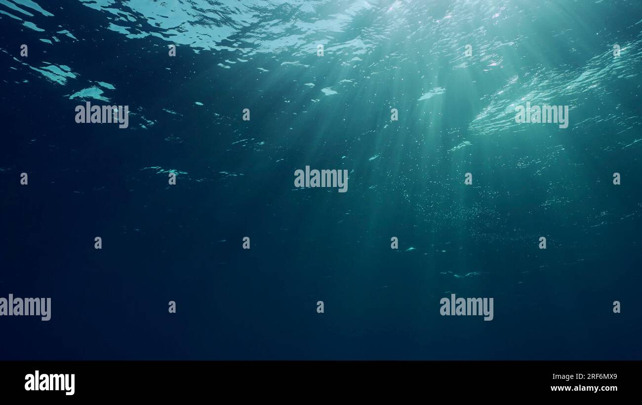 View of sun light from blue abyss, slow motion. Light filters down ...